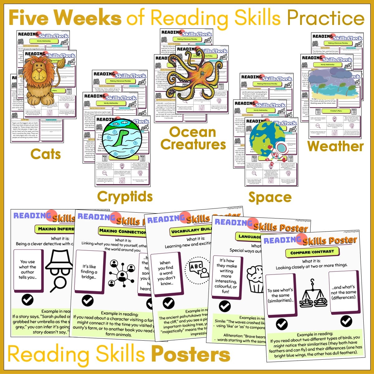 Reading Skills Checks Big Cats, Cryptids, Ocean Creatures, Weather and ...